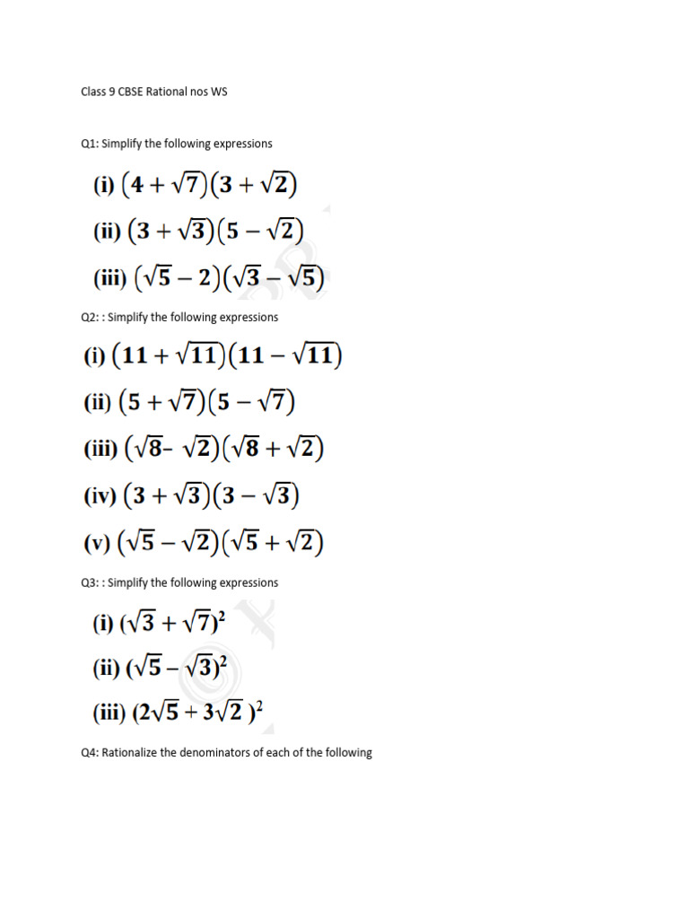 Class 9 CBSE Rational Nos WS | PDF