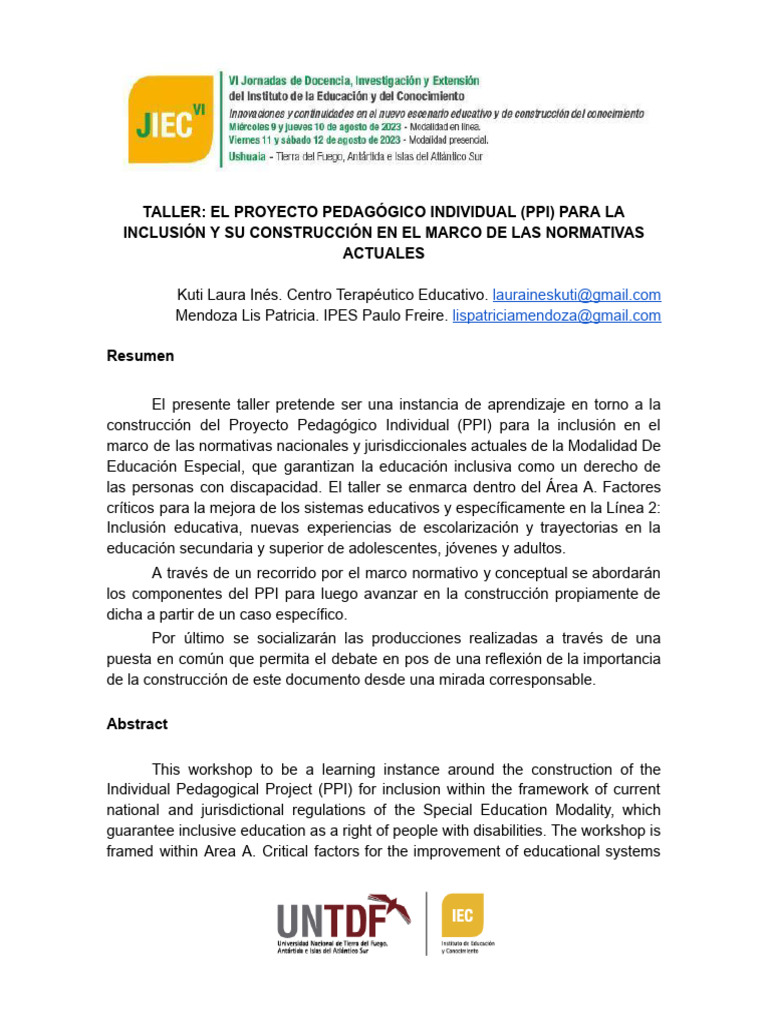 Taller: El Proyecto Pedagógico Individual (Ppi) para La Inclusión Y Su Construcción en El Marco ...