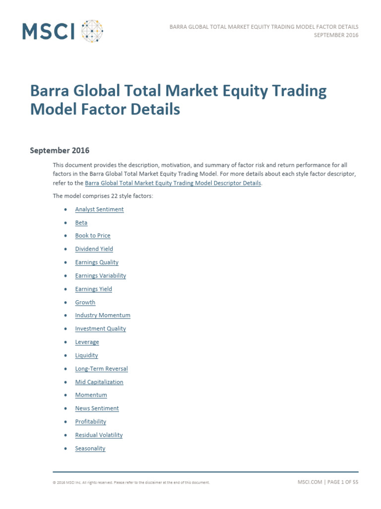 Barra Global Equity Trading Model Factors | PDF | Beta (Finance) | Msci
