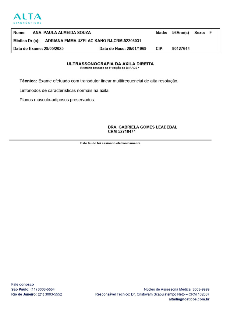 Laudo de Ultrassom da Axila Direita | PDF