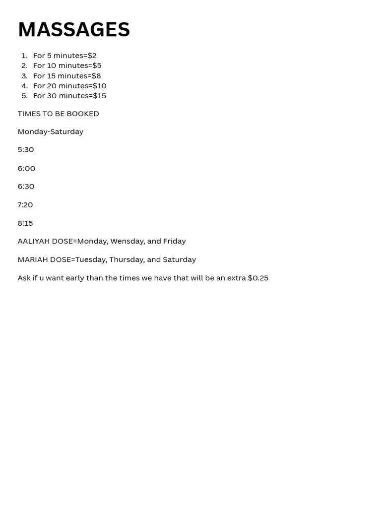 Massage Booking Times and Rates | PDF