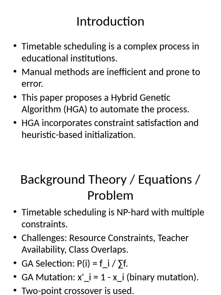 Hybrid GA Timetable Presentation | PDF | Genetic Algorithm | Computer Programming