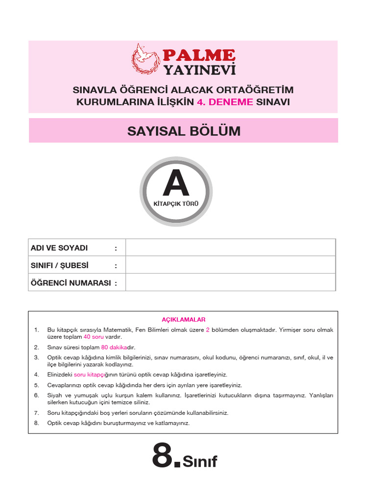 Palme Yayinlari 4. Kurumsal Deneme A (Sayisal) | PDF