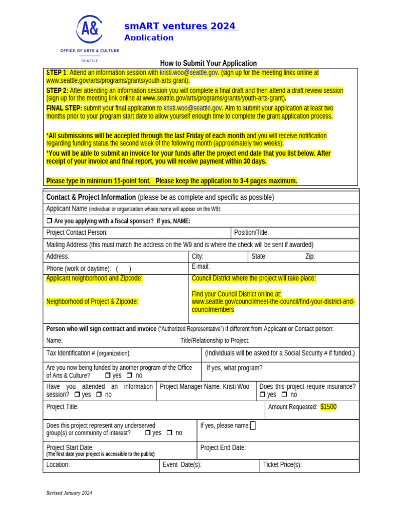 SmART Ventures 2024 Application | PDF | Zip Code | Budget
