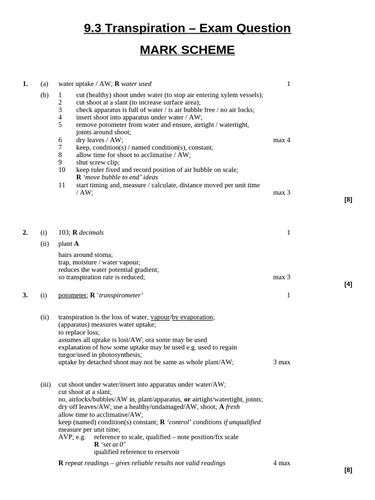 9.3 Exam Questions Mark Scheme | PDF | Stoma | Earth Sciences