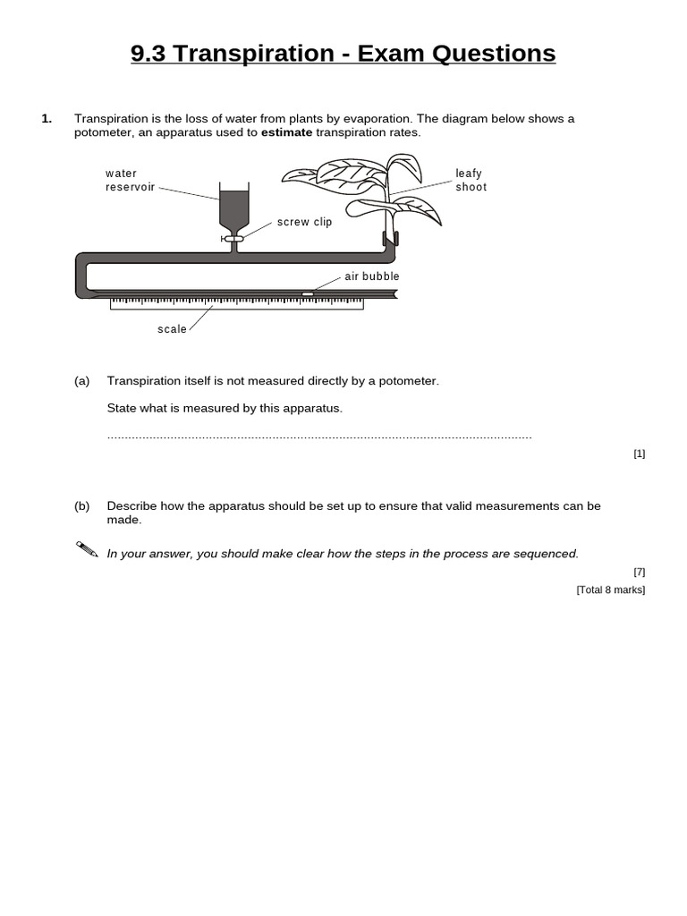 Transpiration Exam Questions and Answers | PDF | Leaf | Cytoplasm