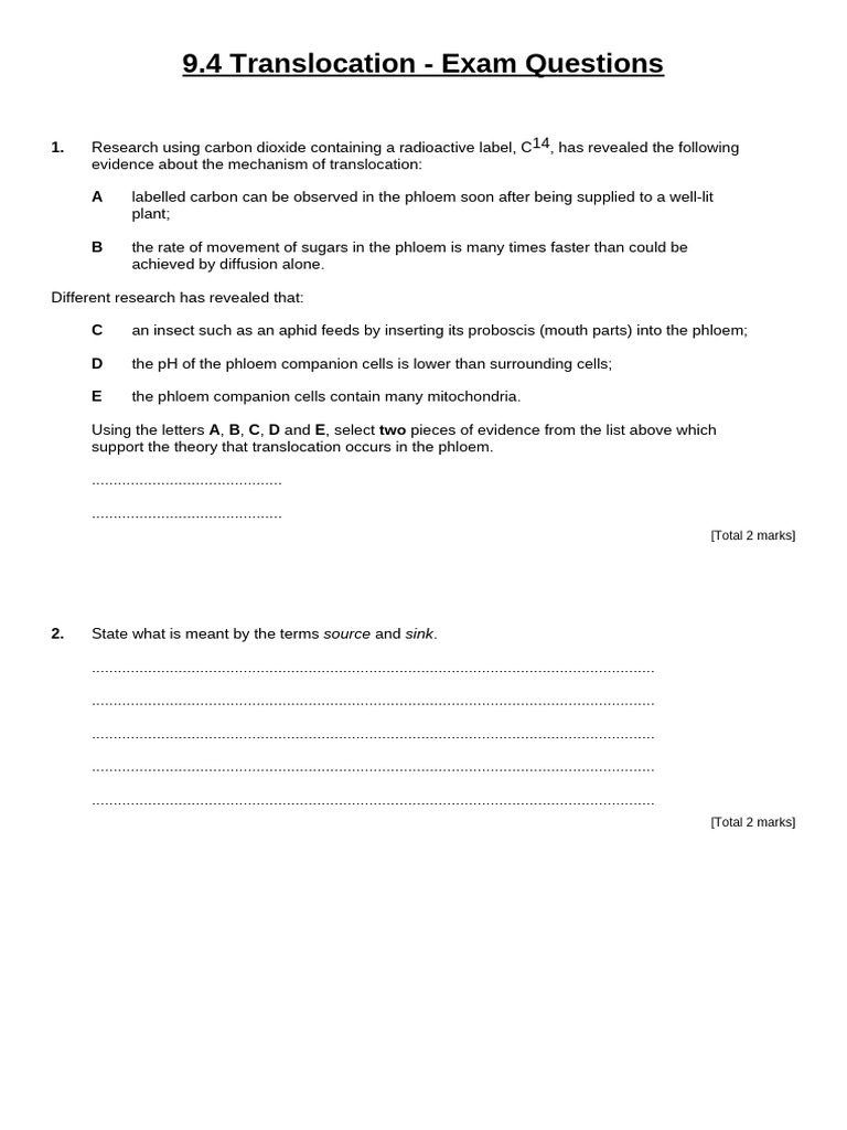 9.4 Translocation Exam Questions | PDF | Carbohydrates | Biology