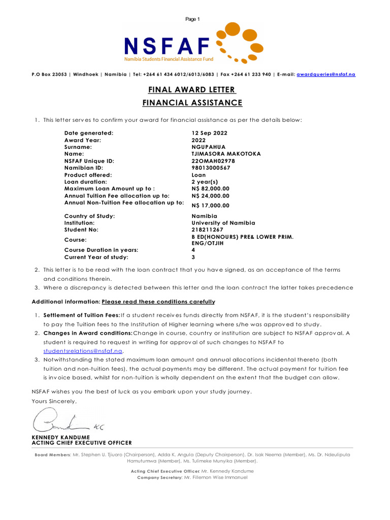 NSFAF Final Award Letter 2022 | PDF | Money | Public Finance