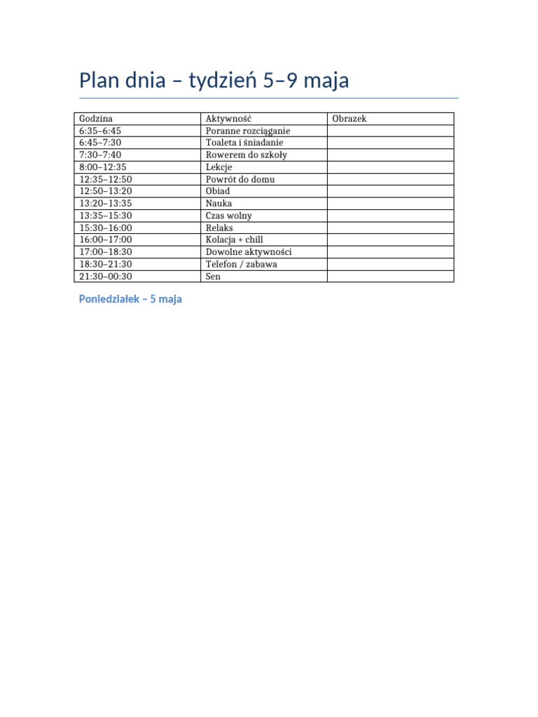 Plan Tabela Bez Obrazkow | PDF