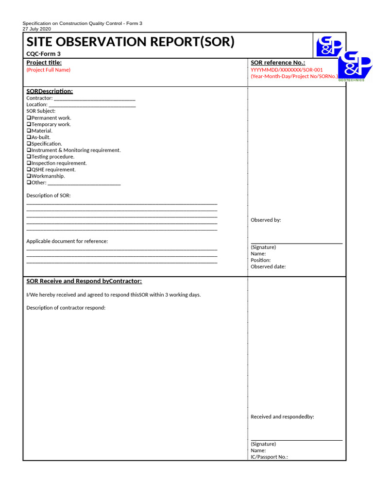 CQC Form 03 - Site Observation Report (SOR) | PDF