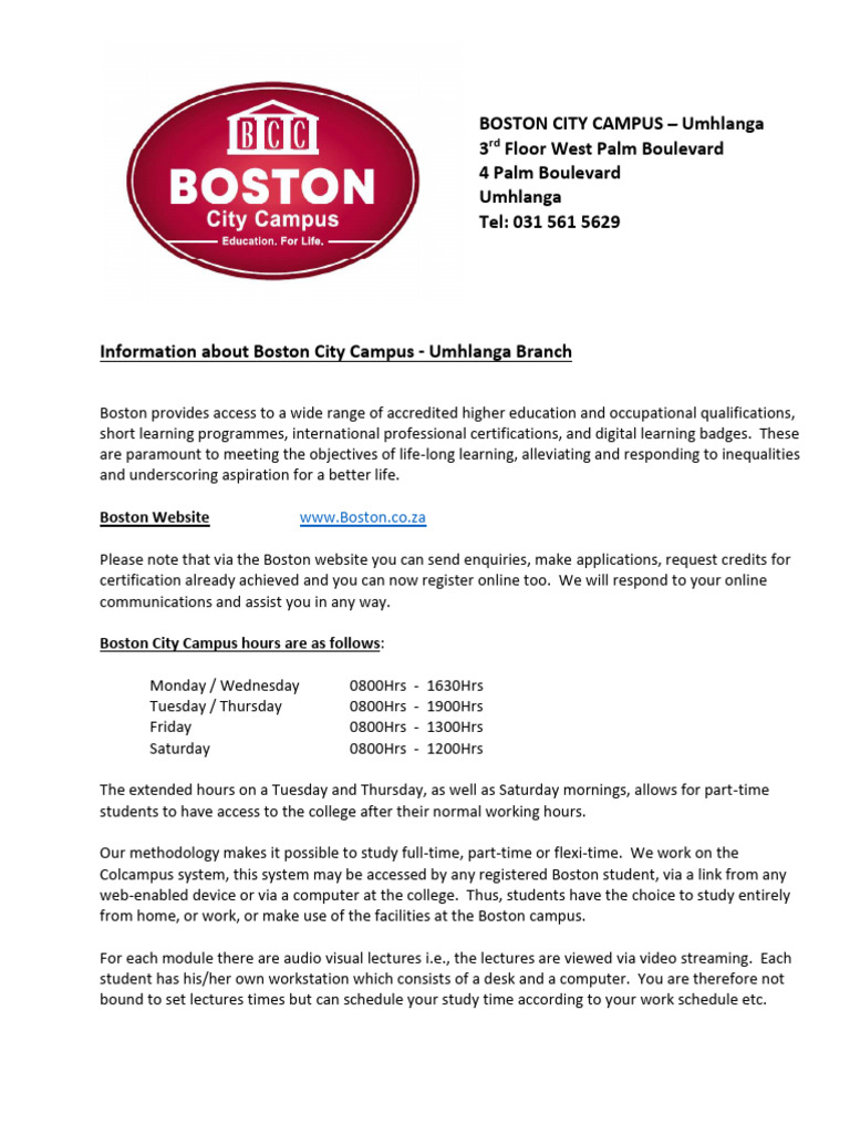 Information About Boston City Campus & Business College Umhlanga | PDF ...