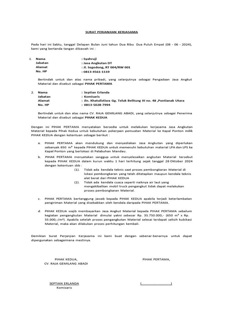 Surat Perjanjian Kerjasama | PDF