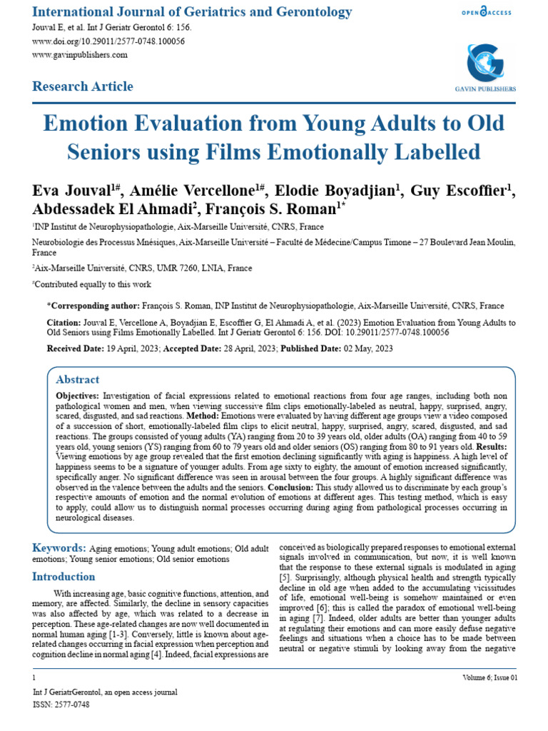Emotion Evaluation From Young Adults To Old Seniors Using Films ...