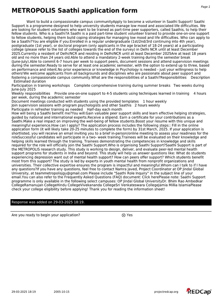 METROPOLIS Saathi Application Form: Response Was Added On 29-03-2025 18:19 | PDF | Mental Health ...