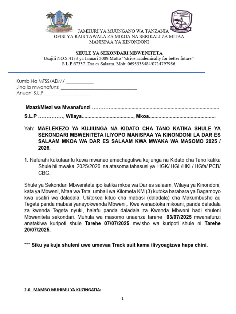 Joining Instruction s4223 Mbweniteta High School | PDF