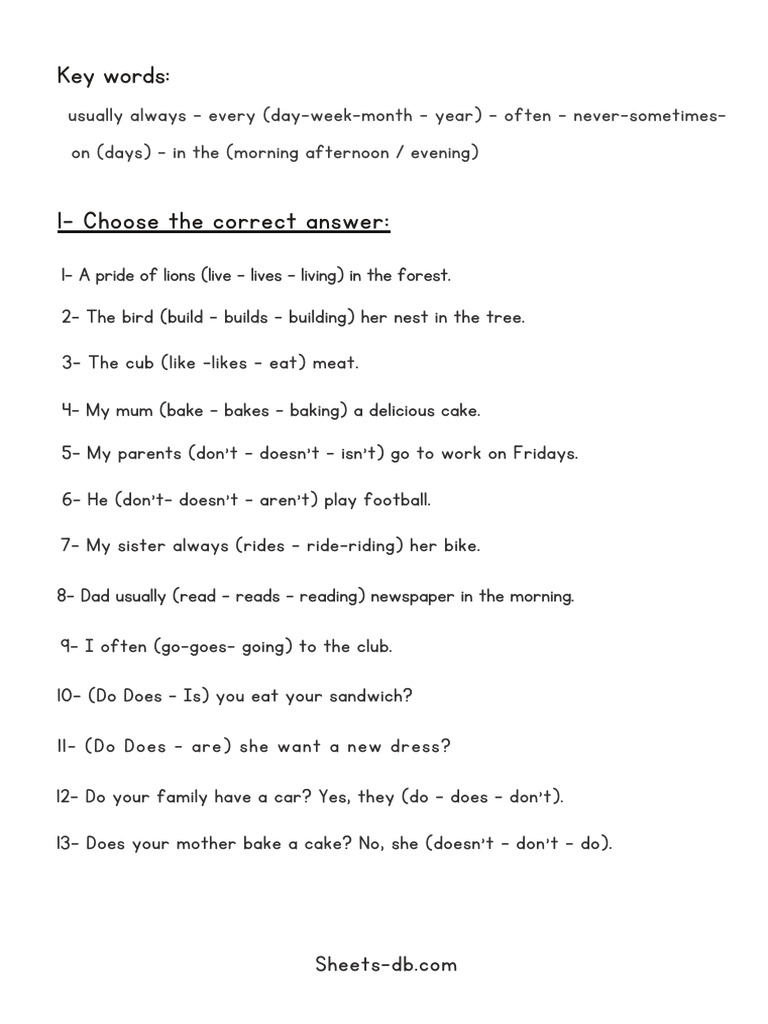 Present Simple Sheets Database | PDF
