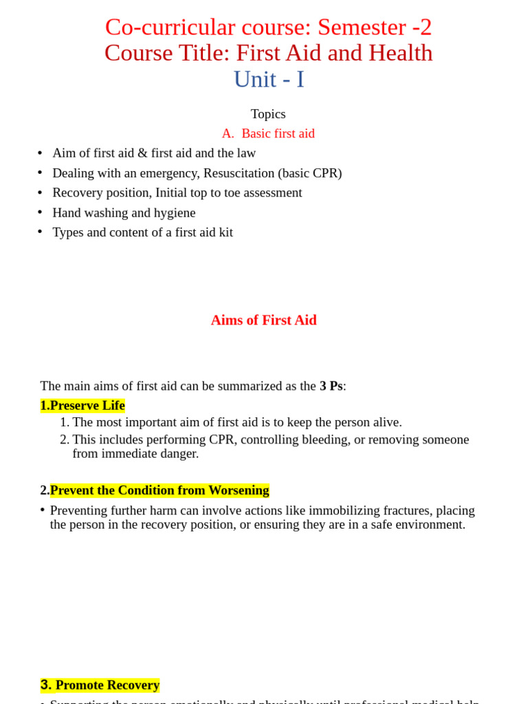 Co-Curricular Course Unit-I BASIC FIRST AID | PDF | Cardiopulmonary Resuscitation | First Aid