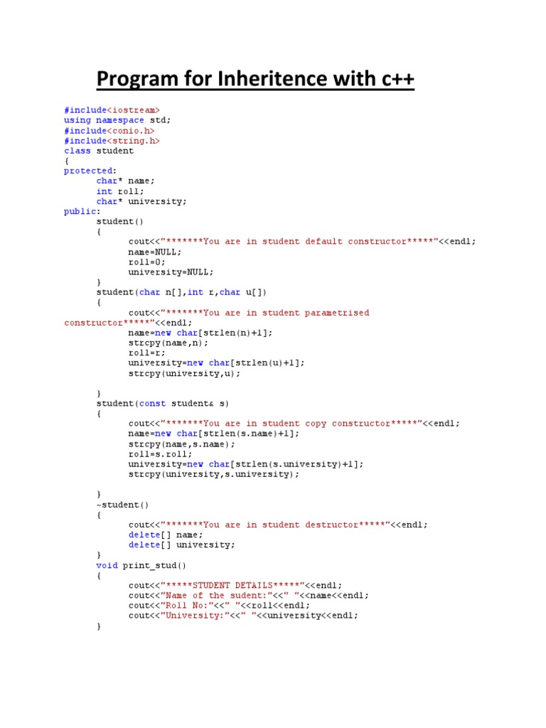 Program For Inheritence With C Include Using Namespace Include Include Class Protected