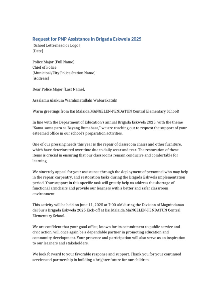 PNP Request Brigada Eskwela 2025 | PDF