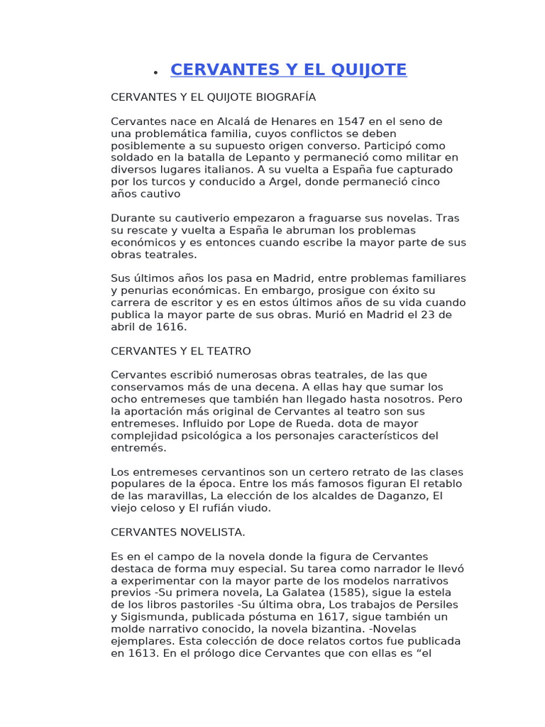 Cervantes y El Quijote | PDF | Don Quijote | Miguel De Cervantes