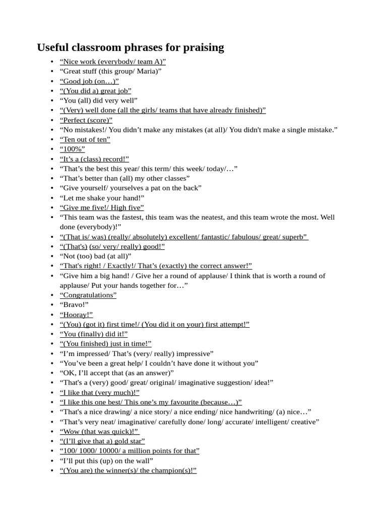 Useful Classroom Phrases For Praising | PDF