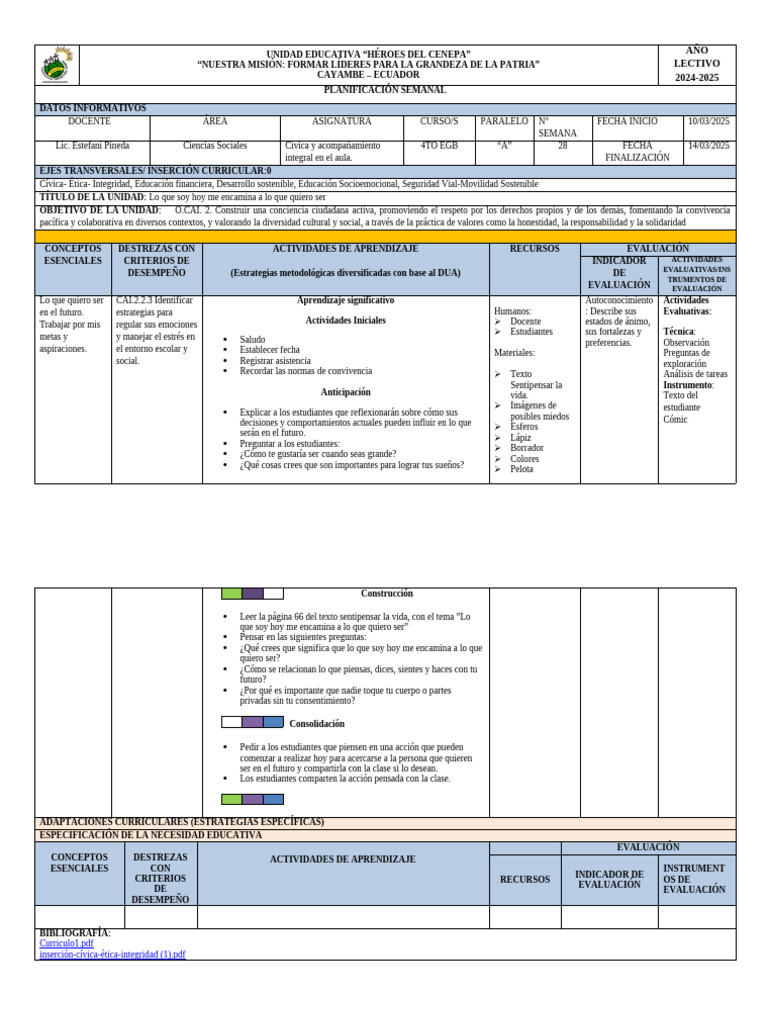 Planificación Cívica y Acompañamiento Integral Semana 28 | PDF | Evaluación | Maestros