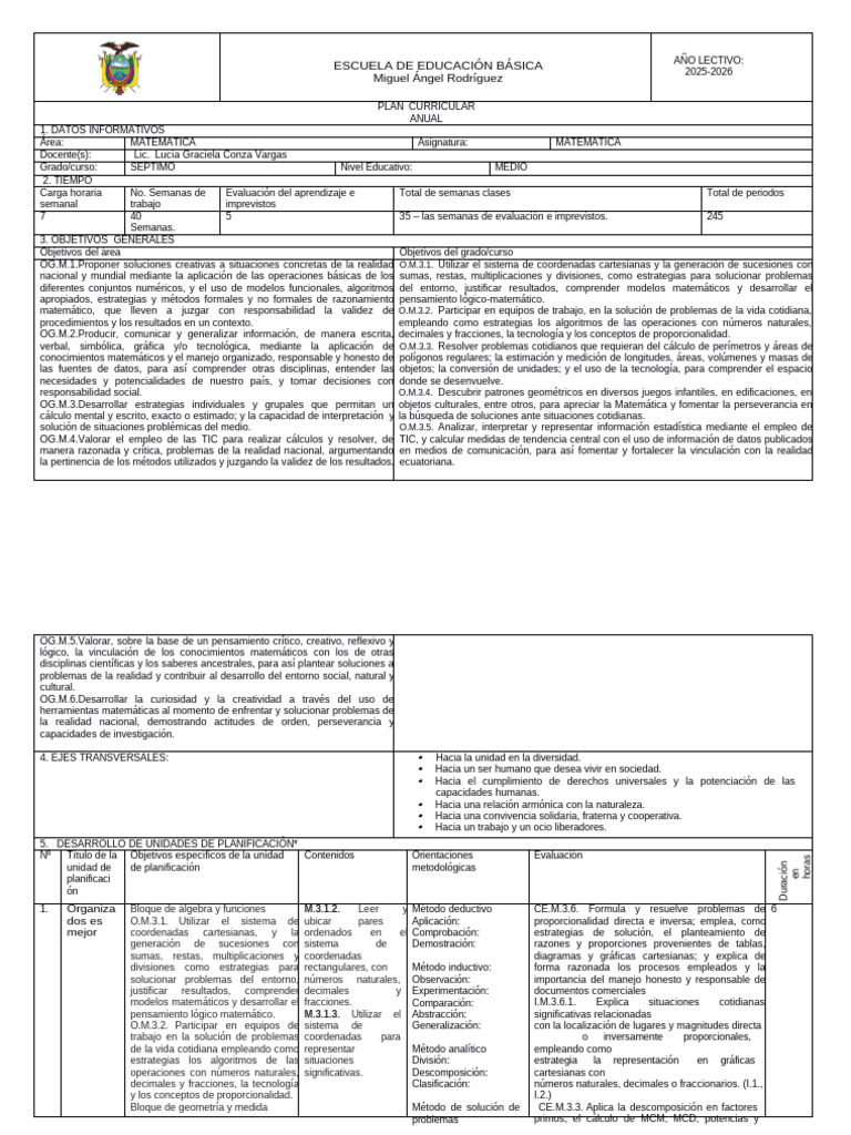 7mo Plan Curricular Anual Pca - Matematica | PDF | Geometría | Datos