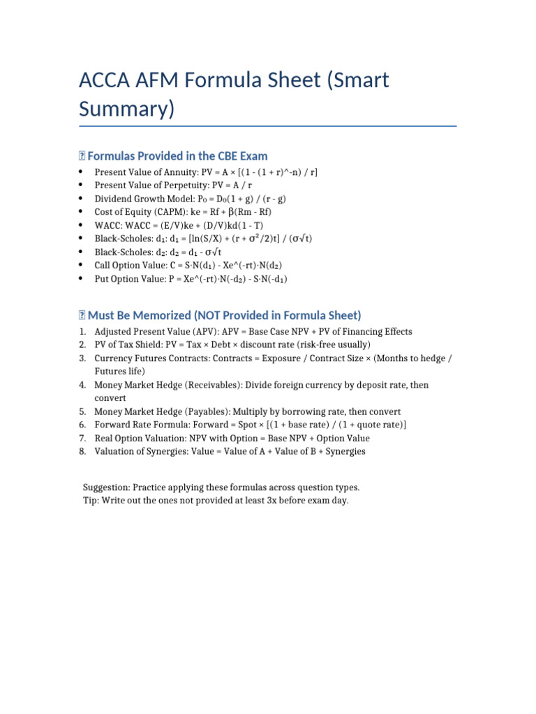 AFM Formula Sheet Summary | PDF