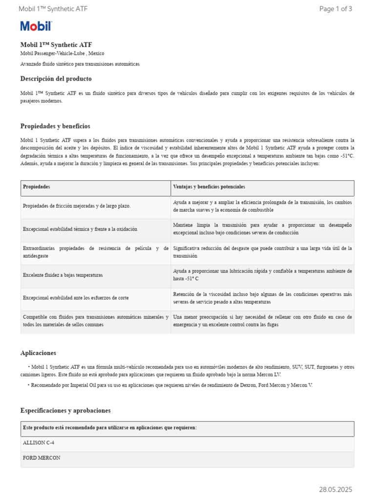 GL XX Mobil 1 Synthetic ATF | PDF | Exxon Mobil | Lubricante