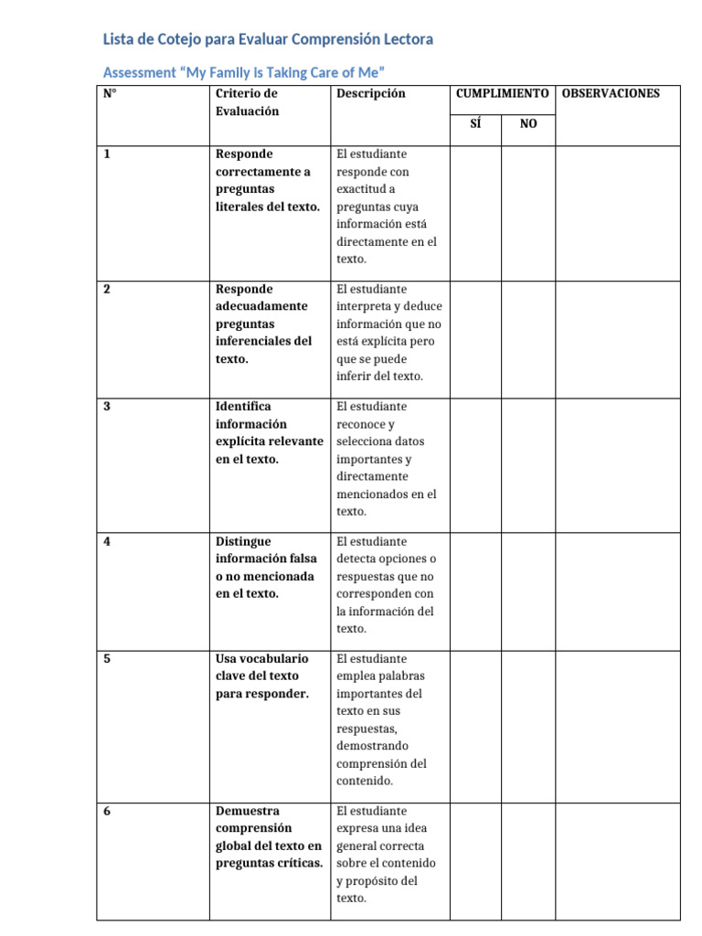Lista Cotejo Comprension Lectora Assessment | PDF