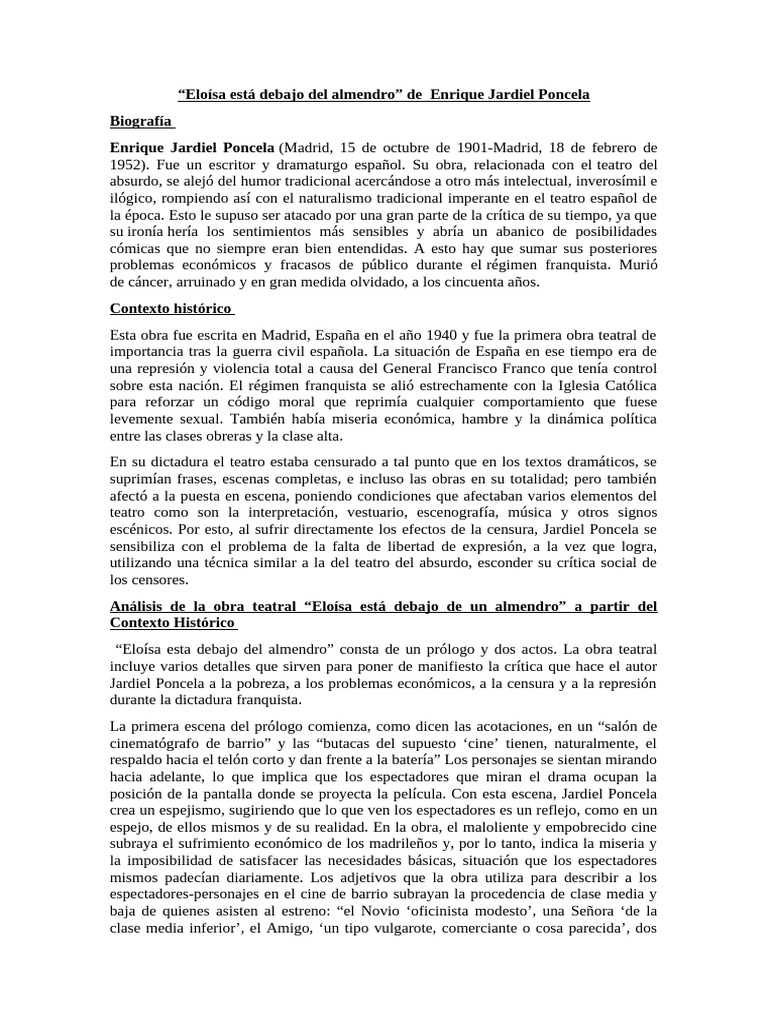 Análisis de La Obra Eloísa Esta Debajo Del Almendro | PDF | España ...