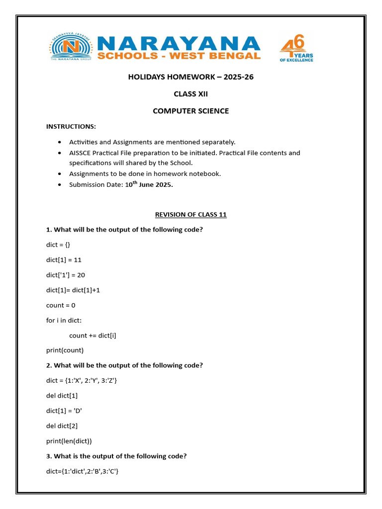 Class Xii Computerscience - Holiday Homework | PDF | Python (Programming Language) | Computer ...