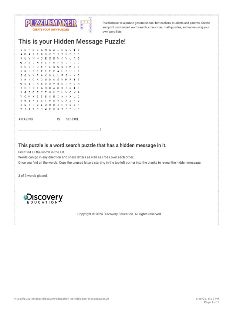 Hidden Message Puzzle - Discovery Education Puzzlemaker | PDF | Word ...