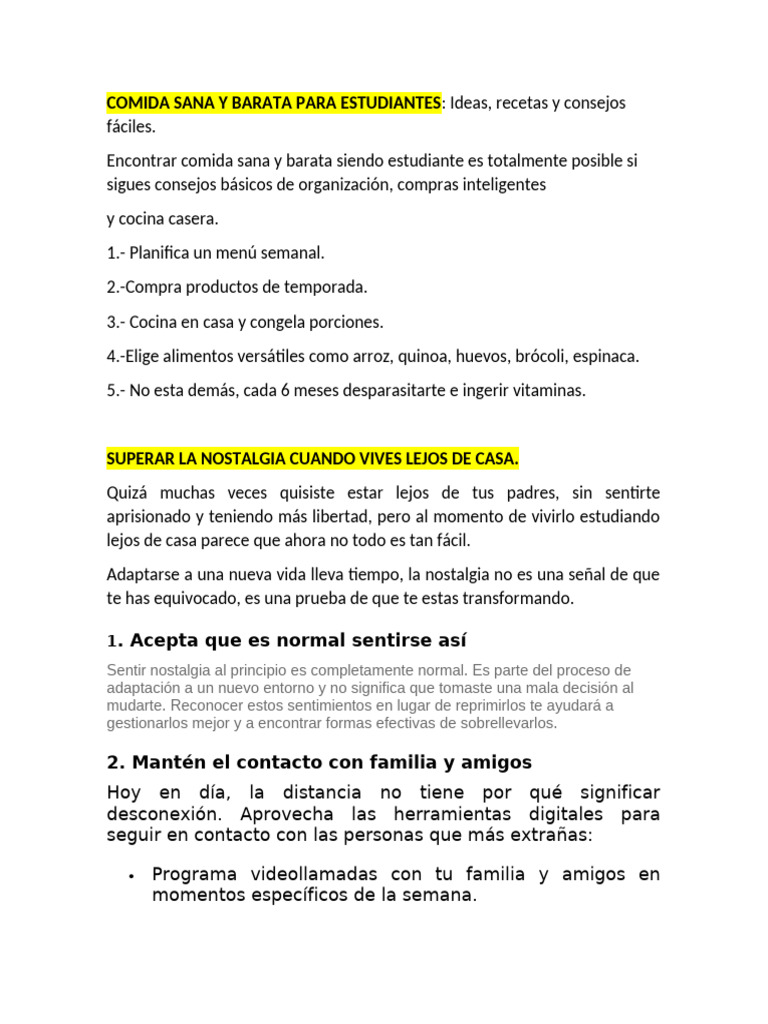 Comida Saludable y Consejos para Estudiantes | PDF