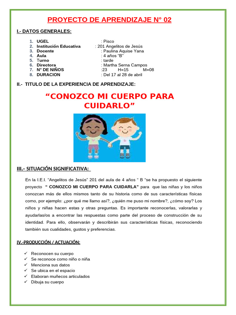 Proyecto de Aprendizaje n2.Docx“Conozco Mi Cuerpo Para Cuidarlo | PDF | Comunicación no verbal ...