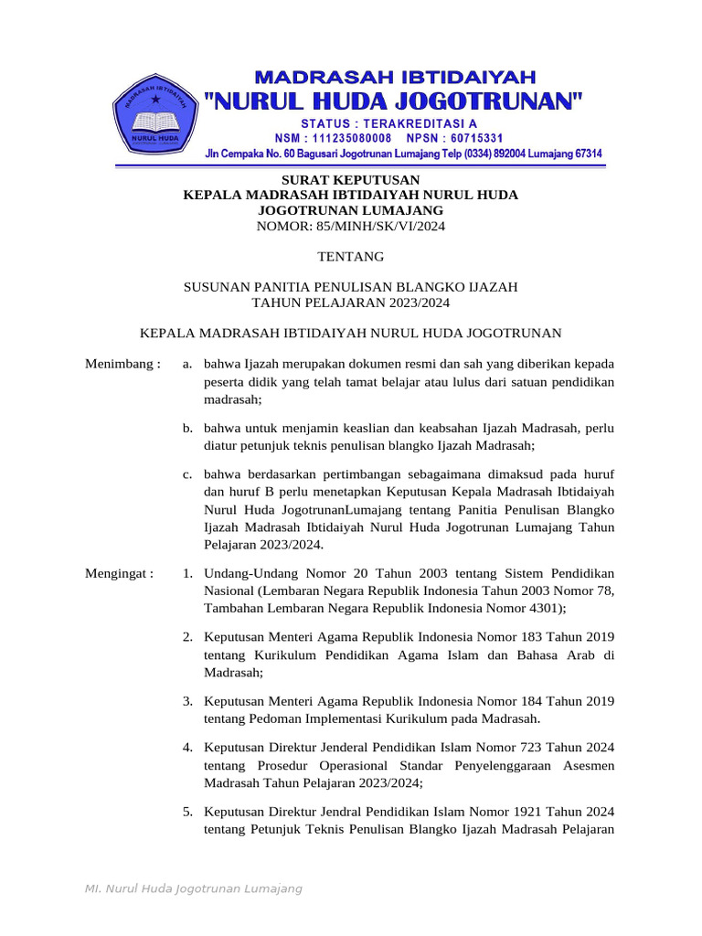SK Panitia Penulisan Ijazah Madrasah 2023-2024 | PDF