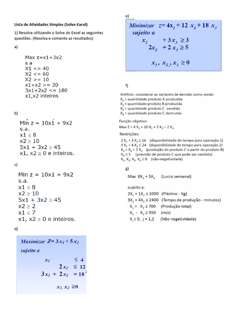 Lista de Exercícios - Simplex - Solve | PDF