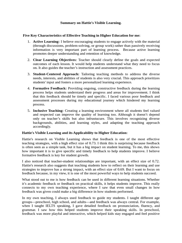 Summary On Hattie's Visible Learning - Shams Safaraliyeva | PDF ...
