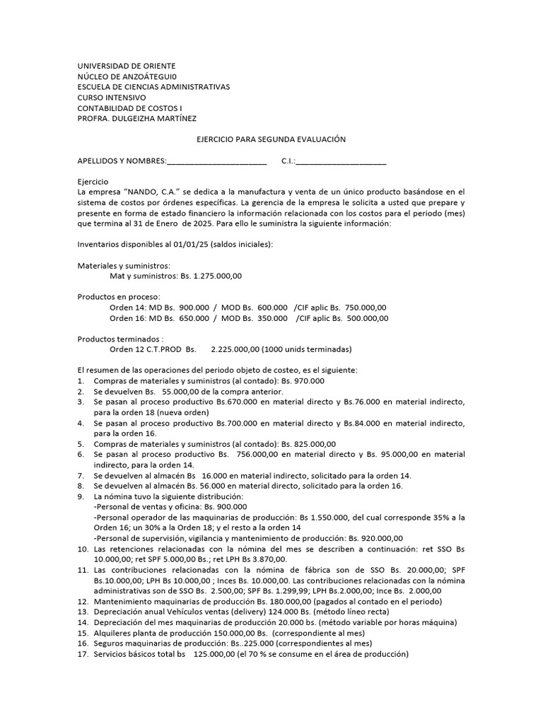 EJERCICIO 2DA EVAL Temas 3 y 4 Costos I | PDF