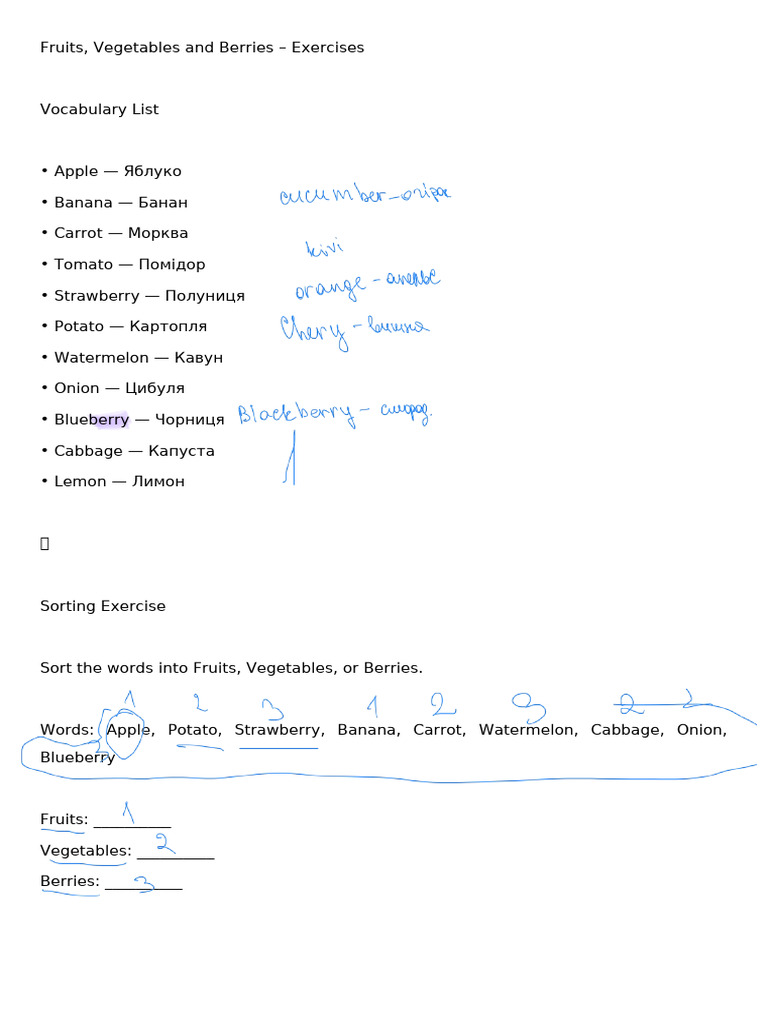 Fruits Vegetables Berries Exercise Simple | PDF