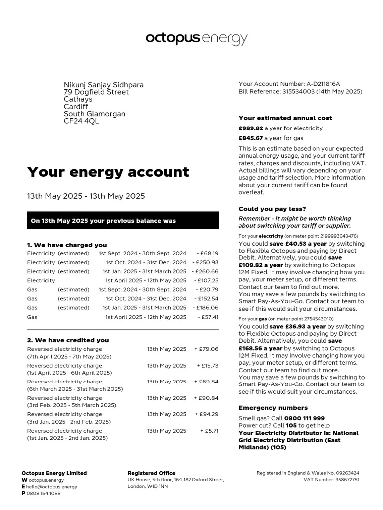 Octopus Energy Bill Summary 2025 | PDF | Cheque | Value Added Tax
