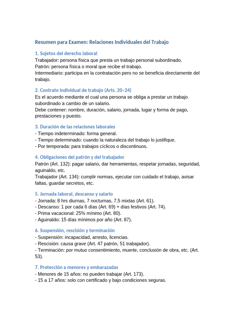 Resumen Examen Relaciones Individuales Trabajo | PDF | Derecho laboral | Salario
