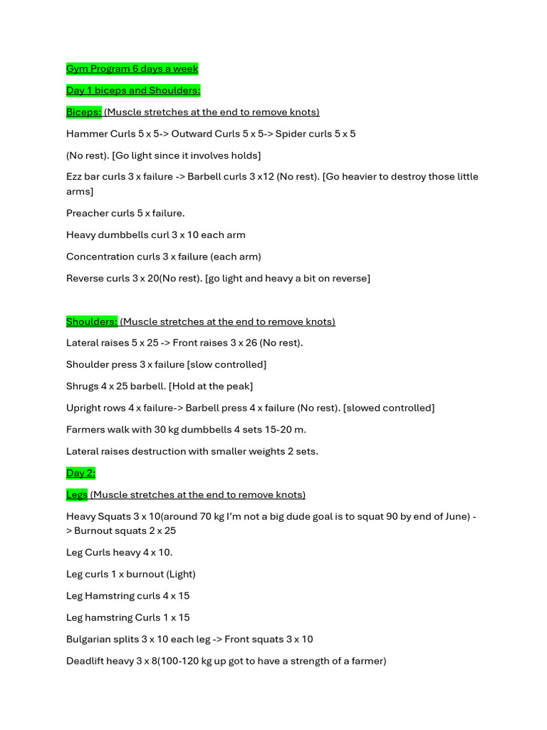 Gym Program 6 Days A Week | PDF | Management Of Obesity | Physical Fitness