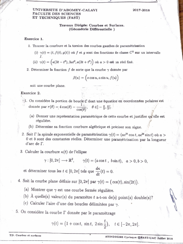 TD Géométrie Des Courbes Et Surfaces | PDF