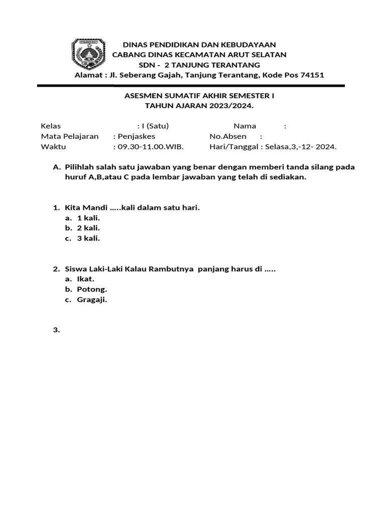 Soal Ulangan Semester 1 Ta 2023 2024 | PDF