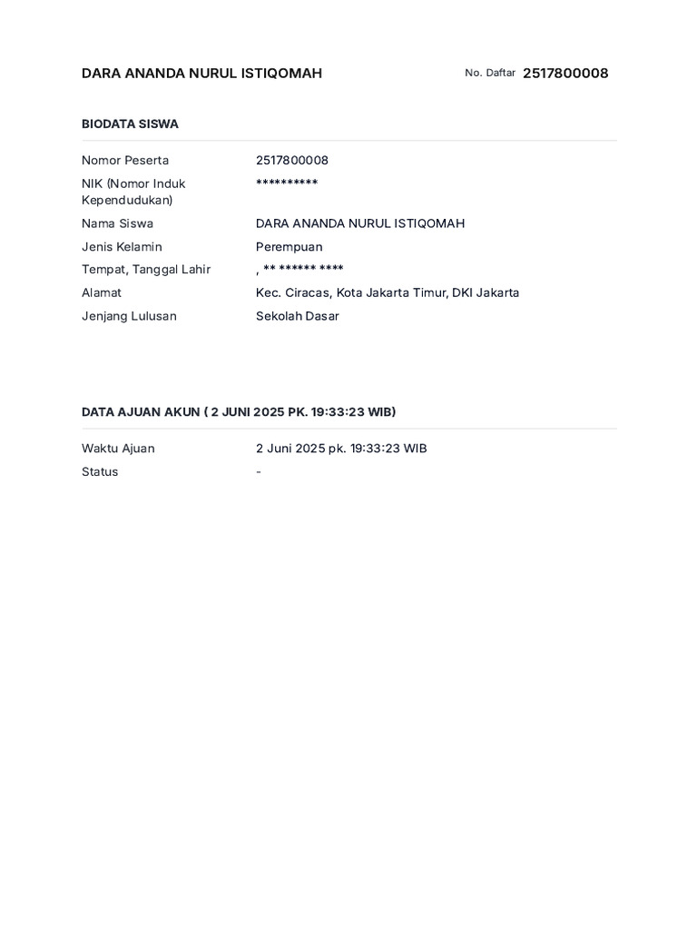 Biodata Siswa Dara Ananda 2517800008 | PDF