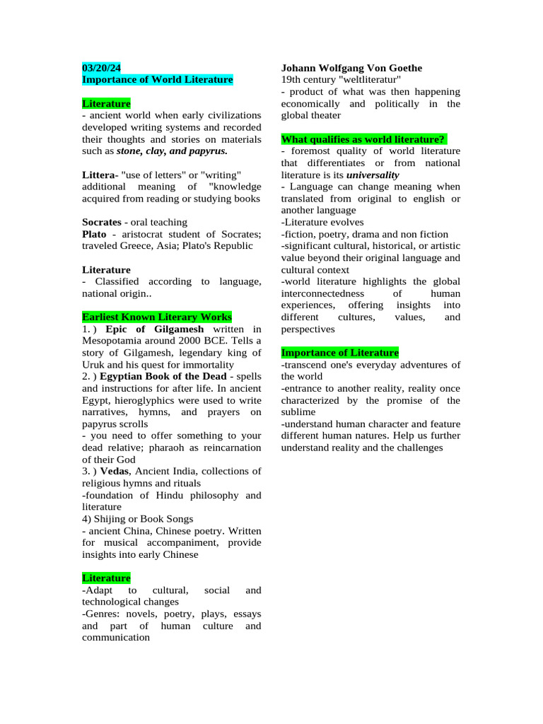 Lesson 1 Importance of World Literature | PDF | Poetry