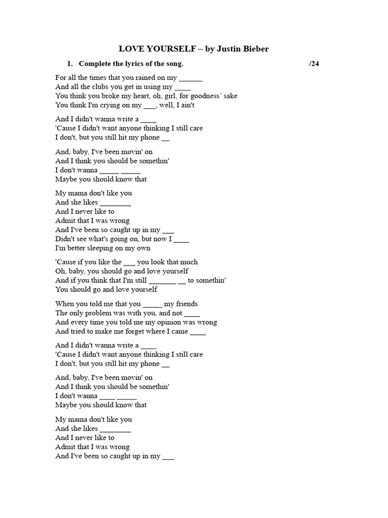 Analyzing "Love Yourself" Lyrics | PDF | Love Yourself