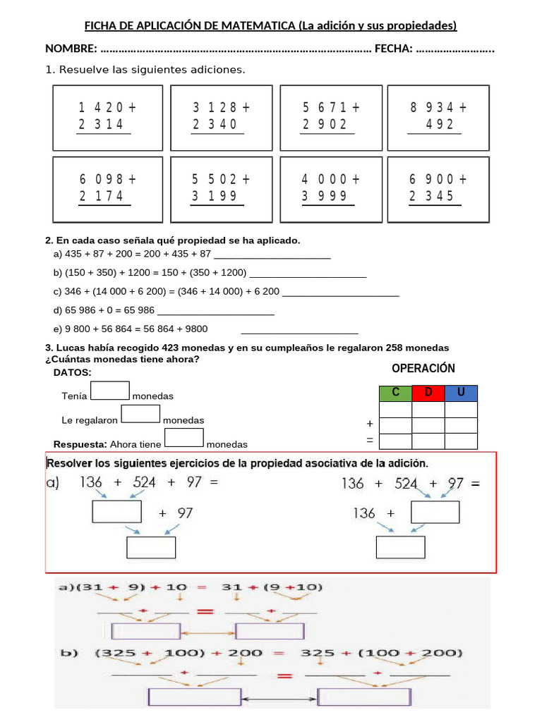 Adición y propiedades matemáticas | PDF