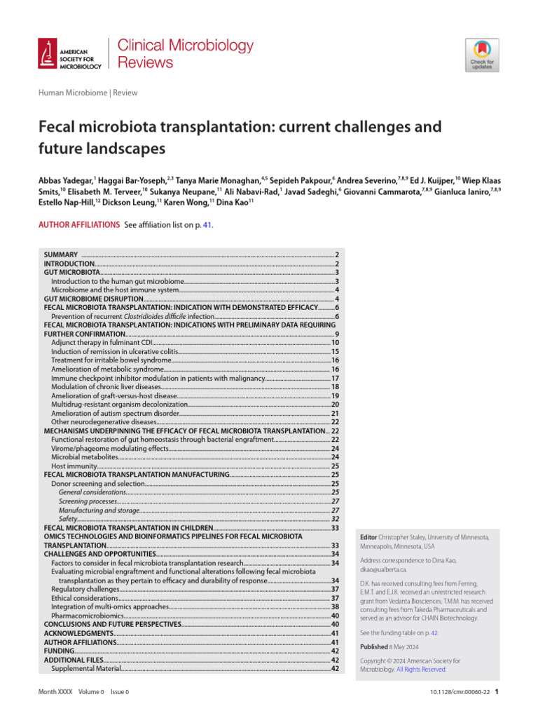Fecal Microbiota Transplantation - Current Challenges and Future Landscapes (Yadegar Et Al ...